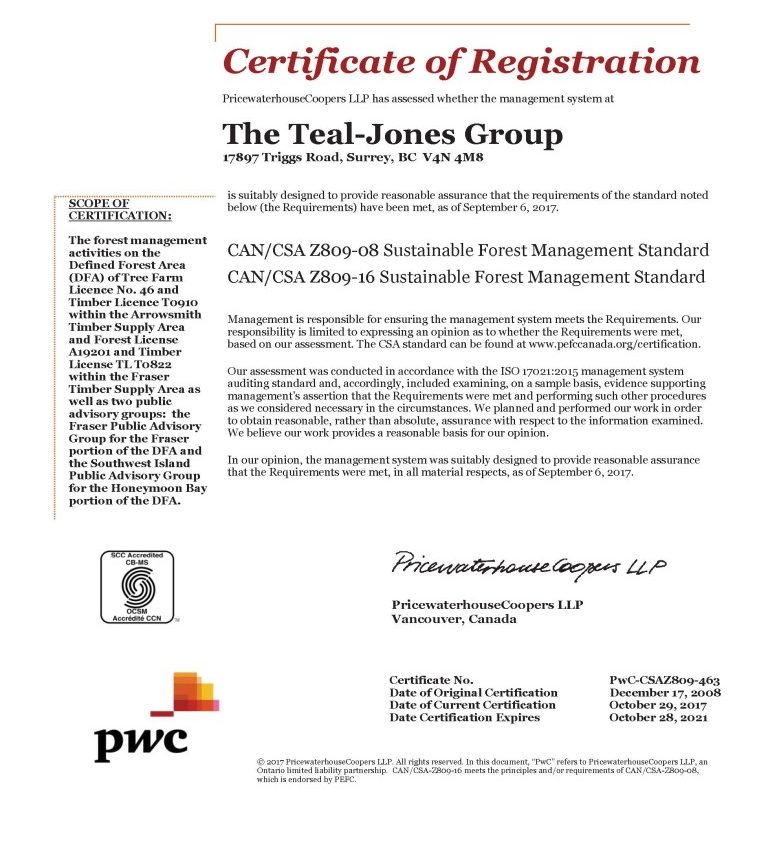 Sustainable Forest Management Certificate | Teal-Jones Group | Top ...
