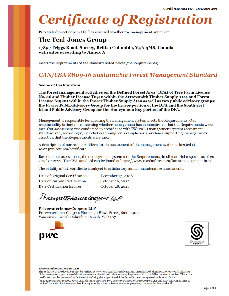 Sustainable Forest Management Certificate | Teal-Jones Group | Top ...